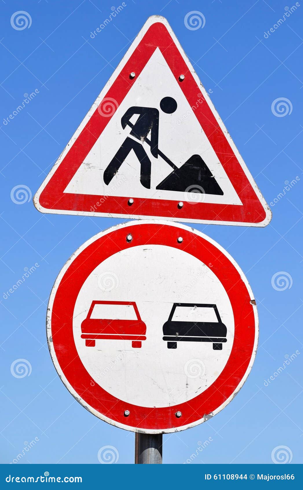 Road Construction and No Overtaking Traffic Signs Stock Photo - Image ...