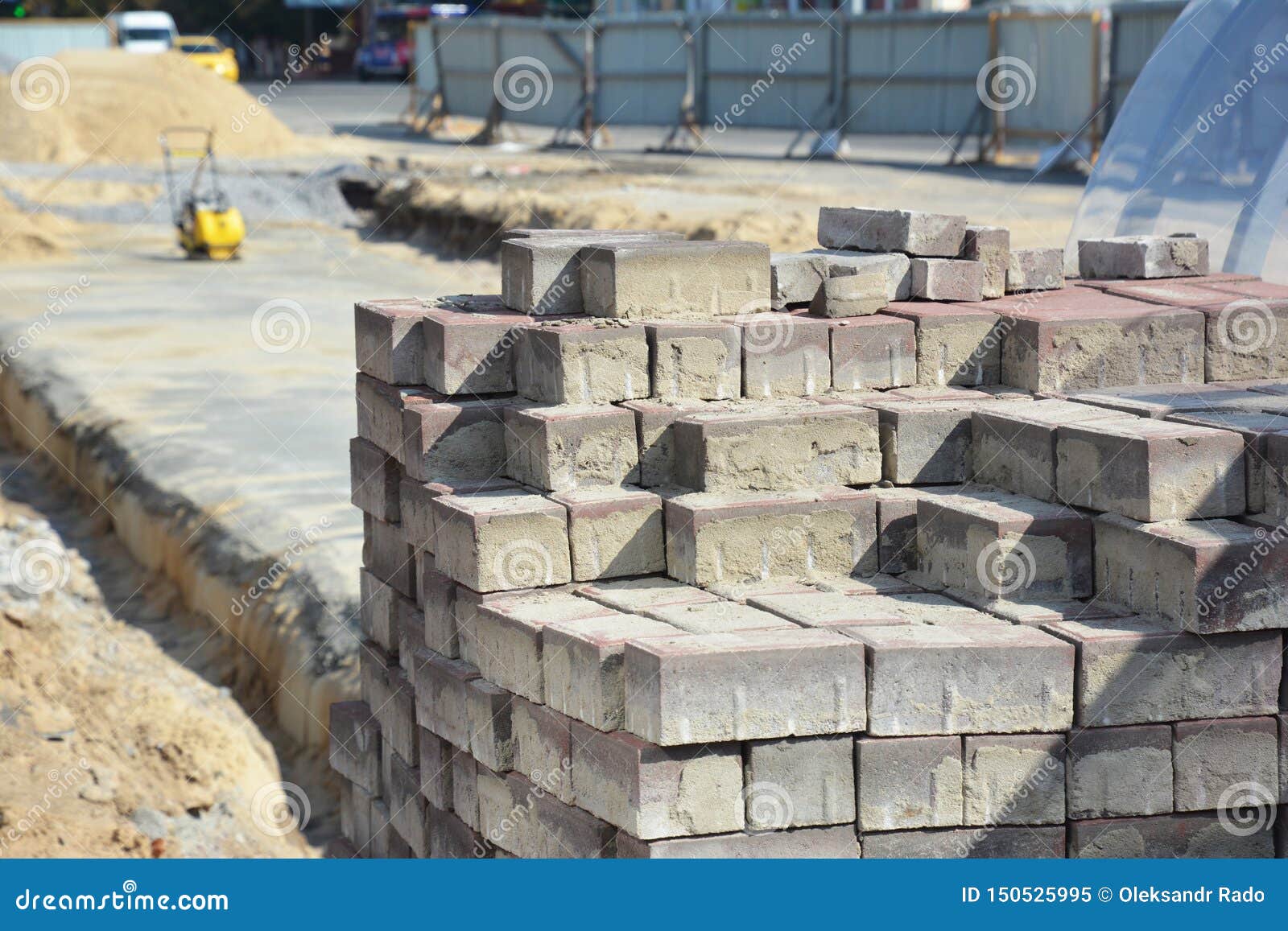 Road Construction. Pile of Pavement Against Road Construction Stock ...