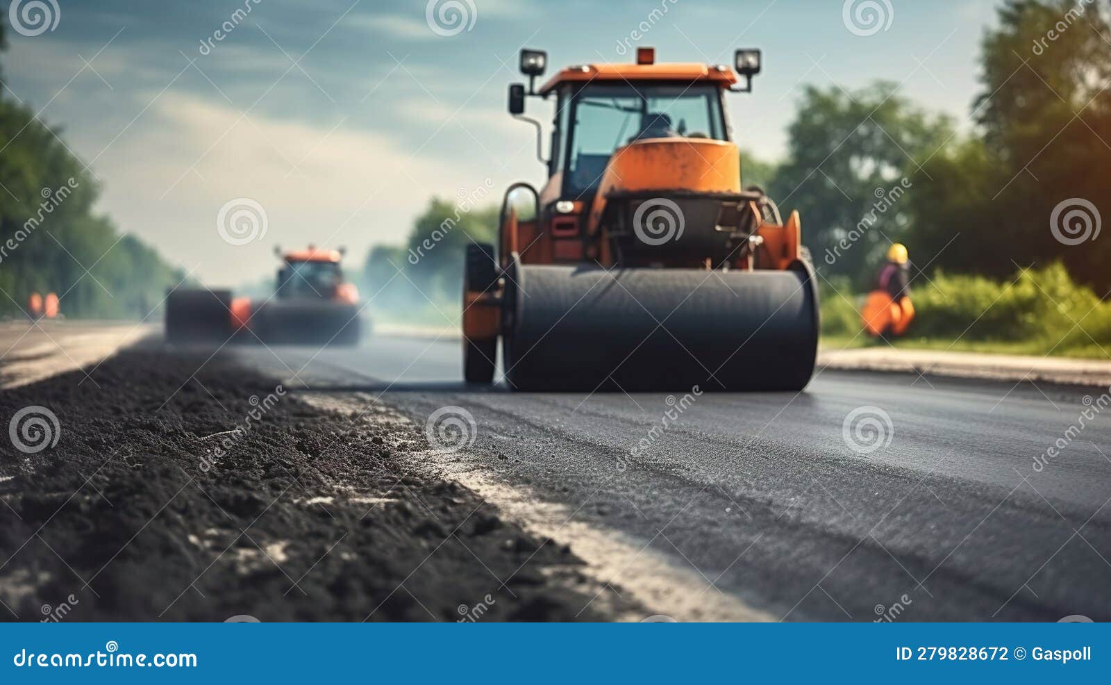 Road Construction, Roller Rolling Fresh Hot Asphalt on the New Road ...