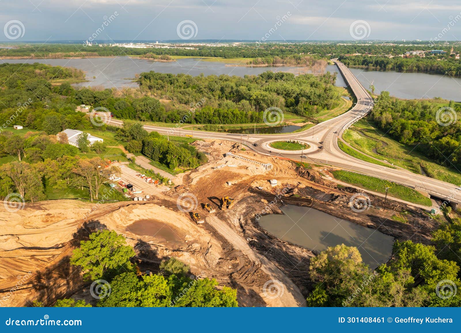 Road Construction Roundabout and River Bridge Stock Image - Image of ...