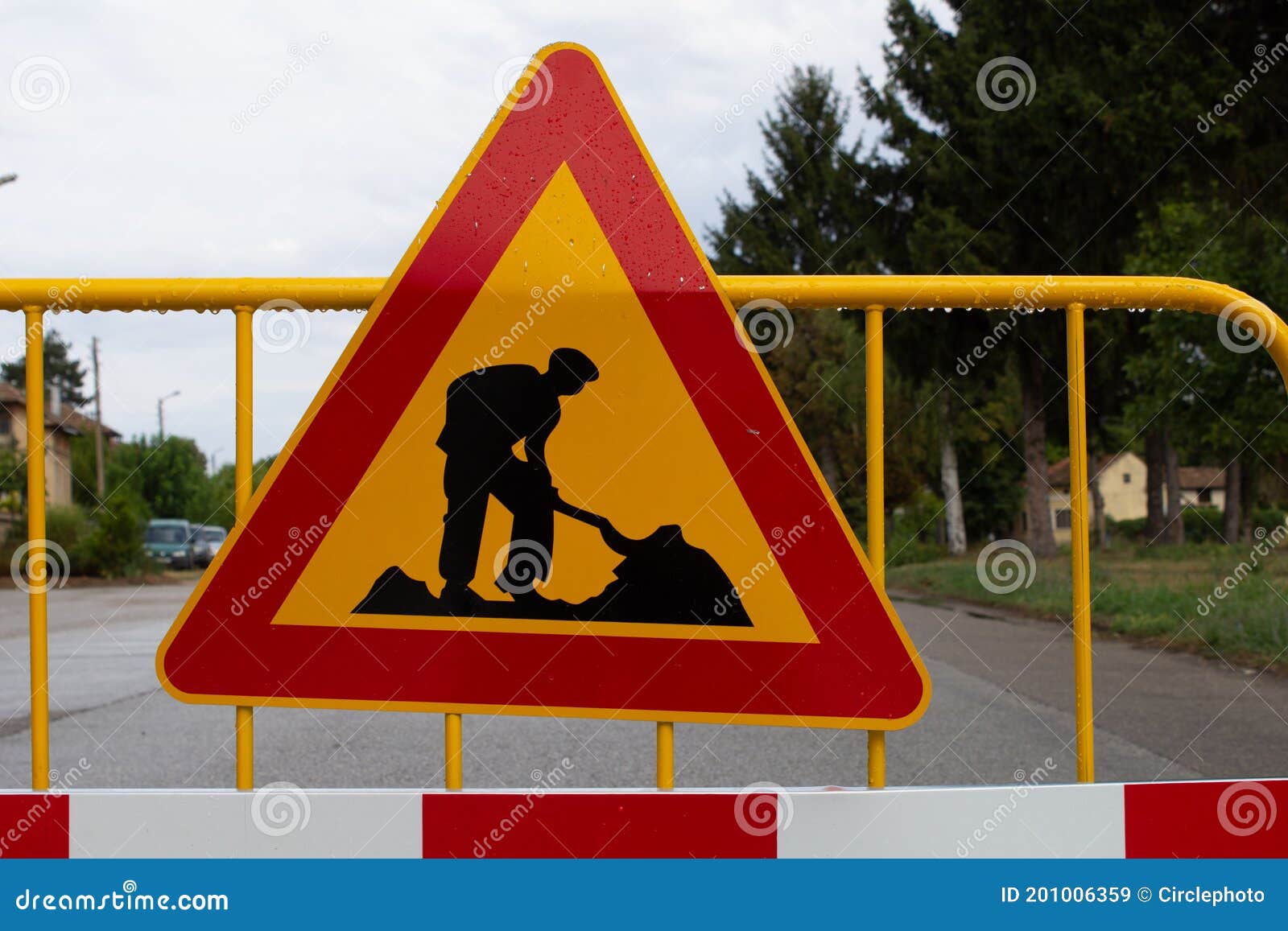 Road in Construction Sign after Rain Stock Image - Image of closure ...