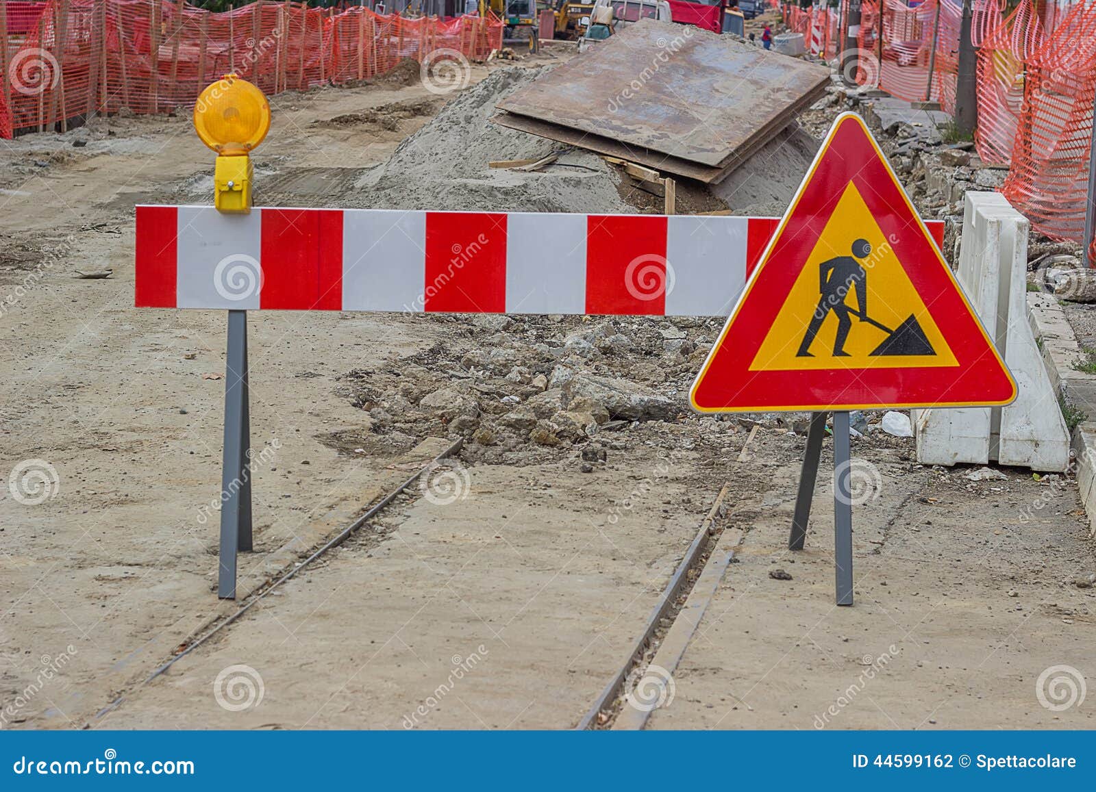 Road Construction Sign with Yellow Warning Light Stock Photo - Image of ...