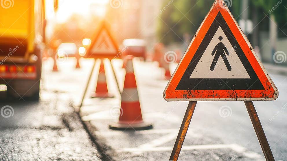 Road Construction Signs with Traffic Cones Stock Image - Image of ...