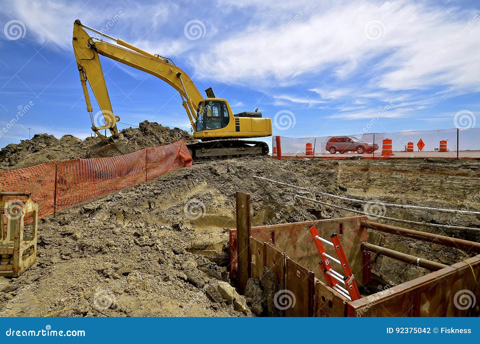 Road Construction Site with Excavating Machine Stock Photo - Image of ...