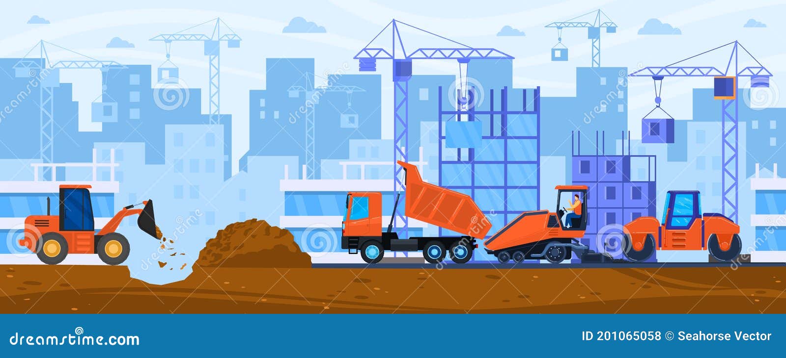 Road Construction Vector Illustration, Cartoon Flat Tractor Steamroller ...