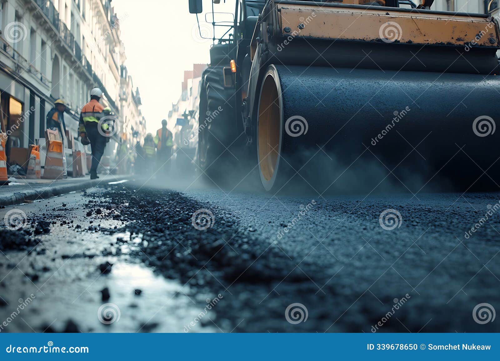 Road Construction Worker with Steamroller Paving Asphalt Stock ...