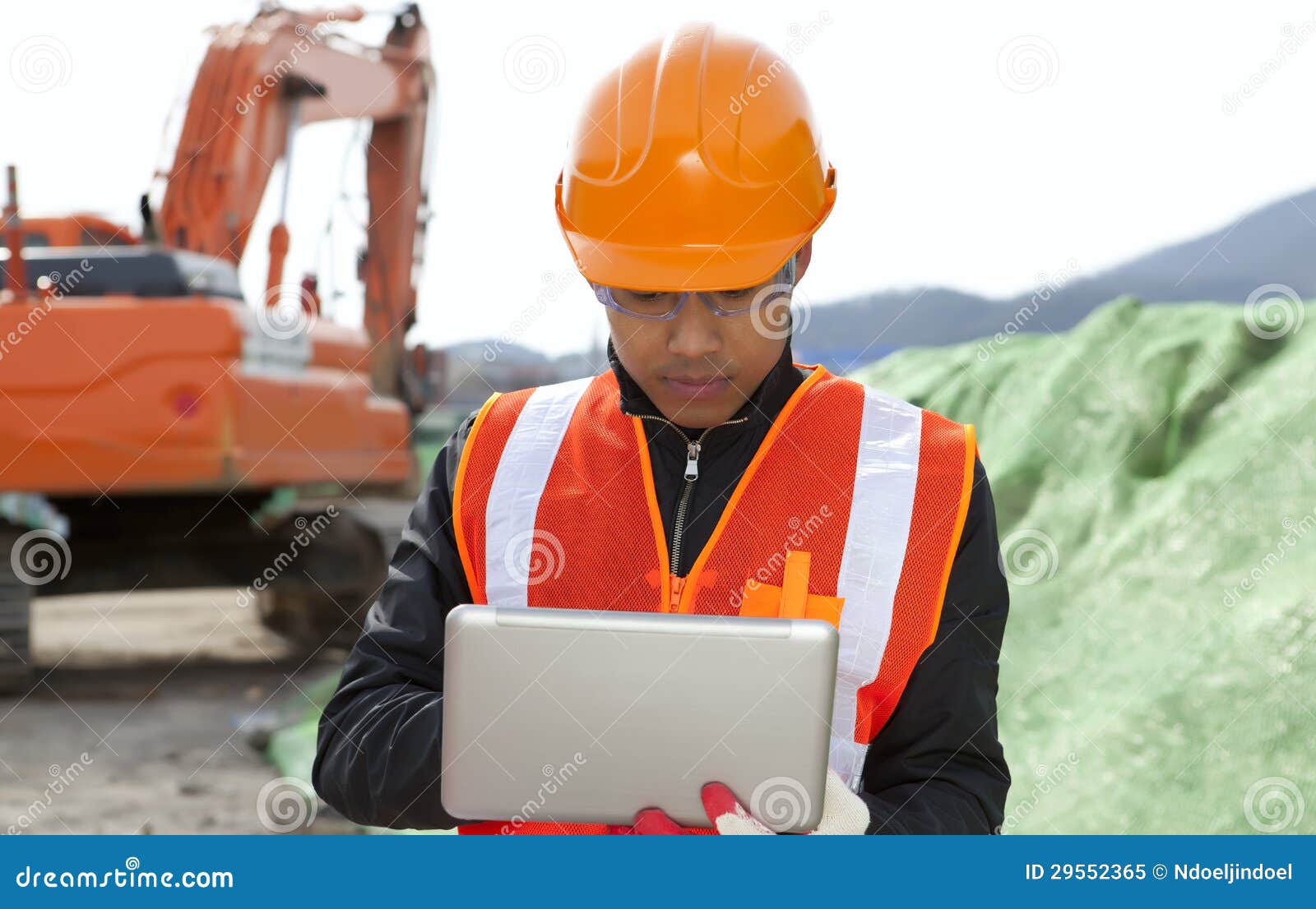 Road Construction Worker Using Laptop Stock Image - Image of site ...
