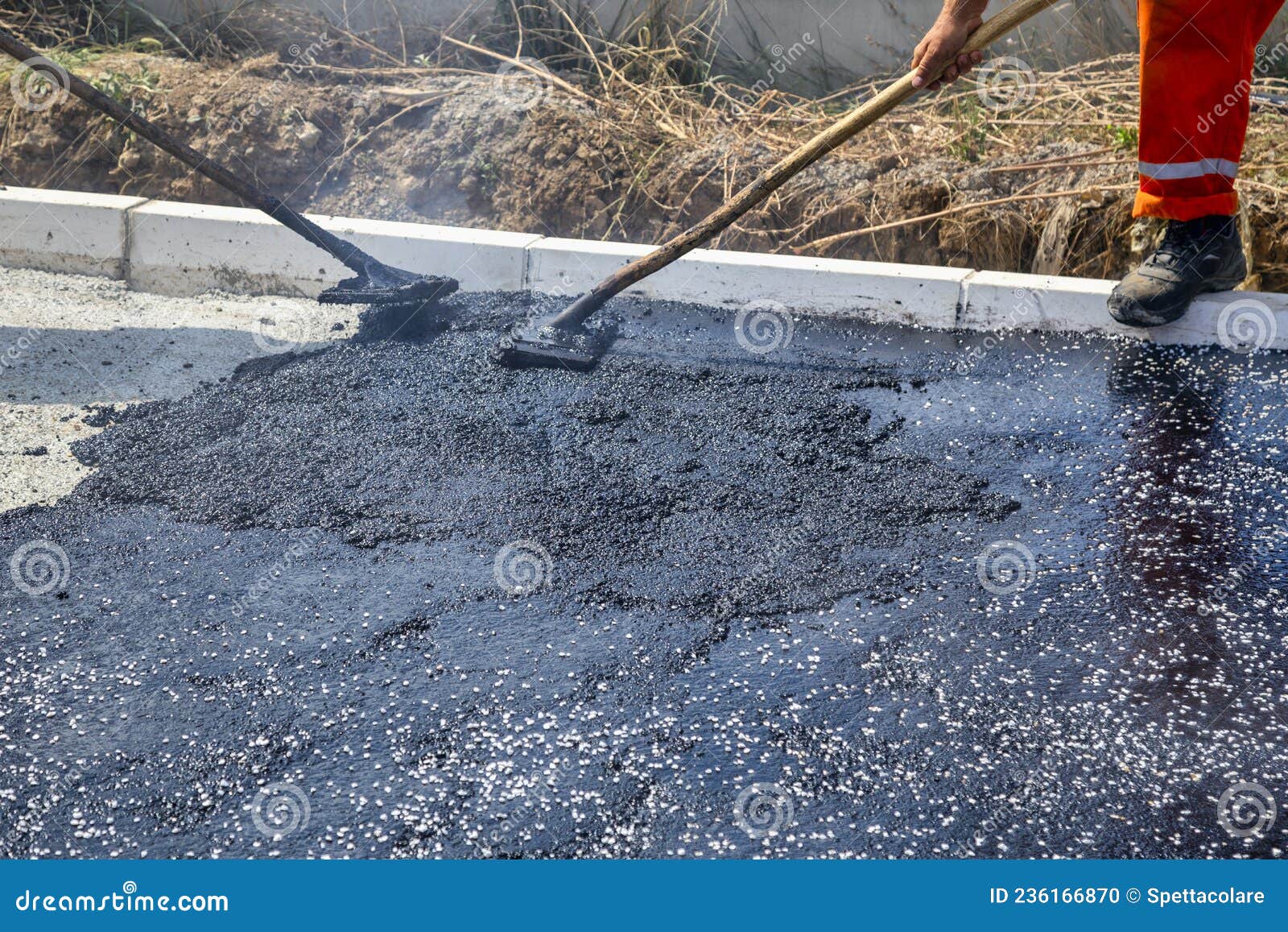 Road Construction Workers Leveling Hot Asphalt Pavement Stock Photo ...
