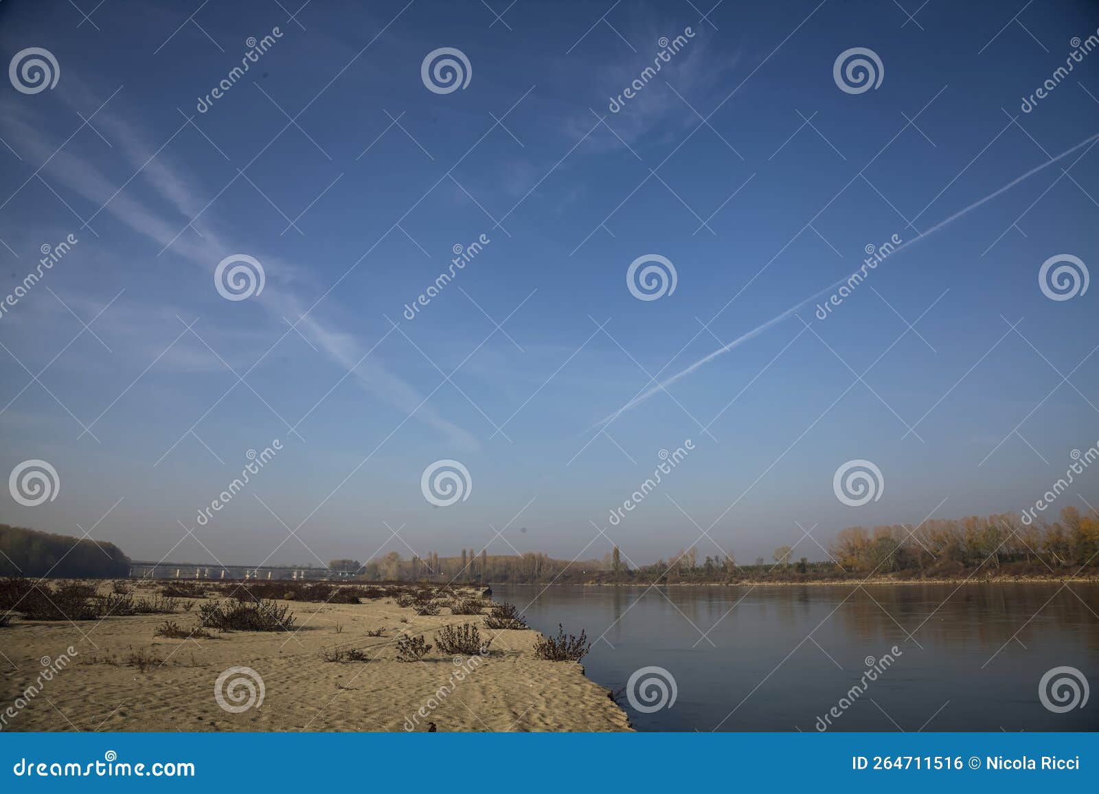 Road with Cypresses on an Embankment by a River with Its Reflection on ...
