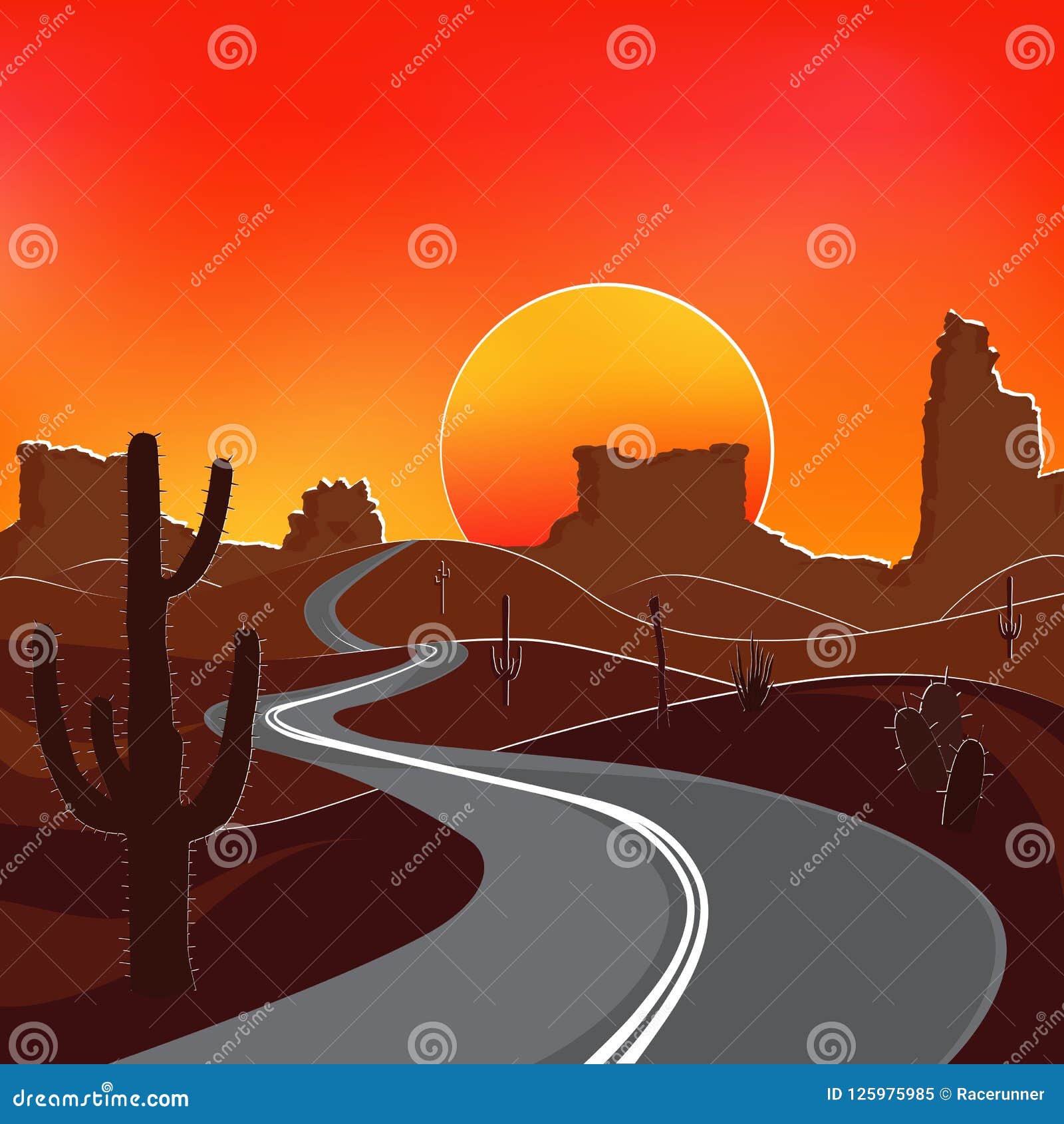 The Road in the Desert at Sunset. Vector Illustration. Stock Vector ...