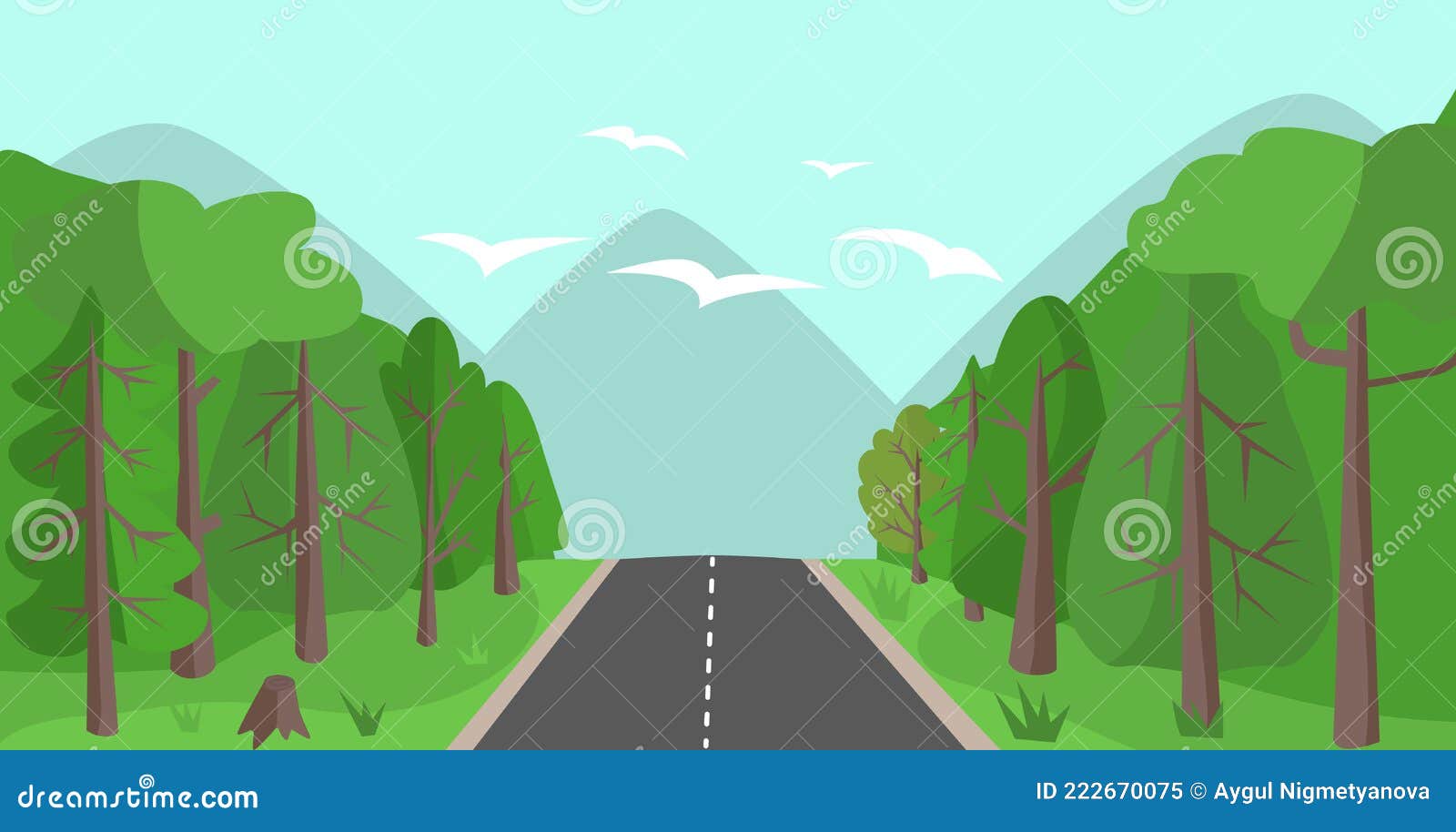 Road in the Forest. Mountains Landscape Vector Illustration. Stock ...