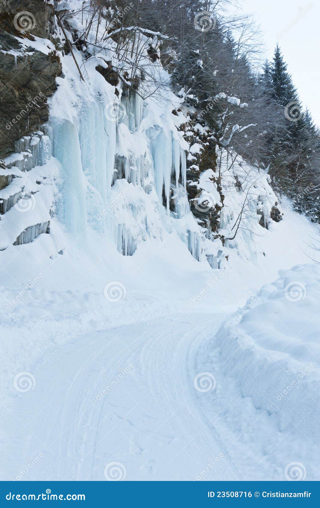 Road beside a Frozen Waterfall Stock Photo - Image of season, nature ...