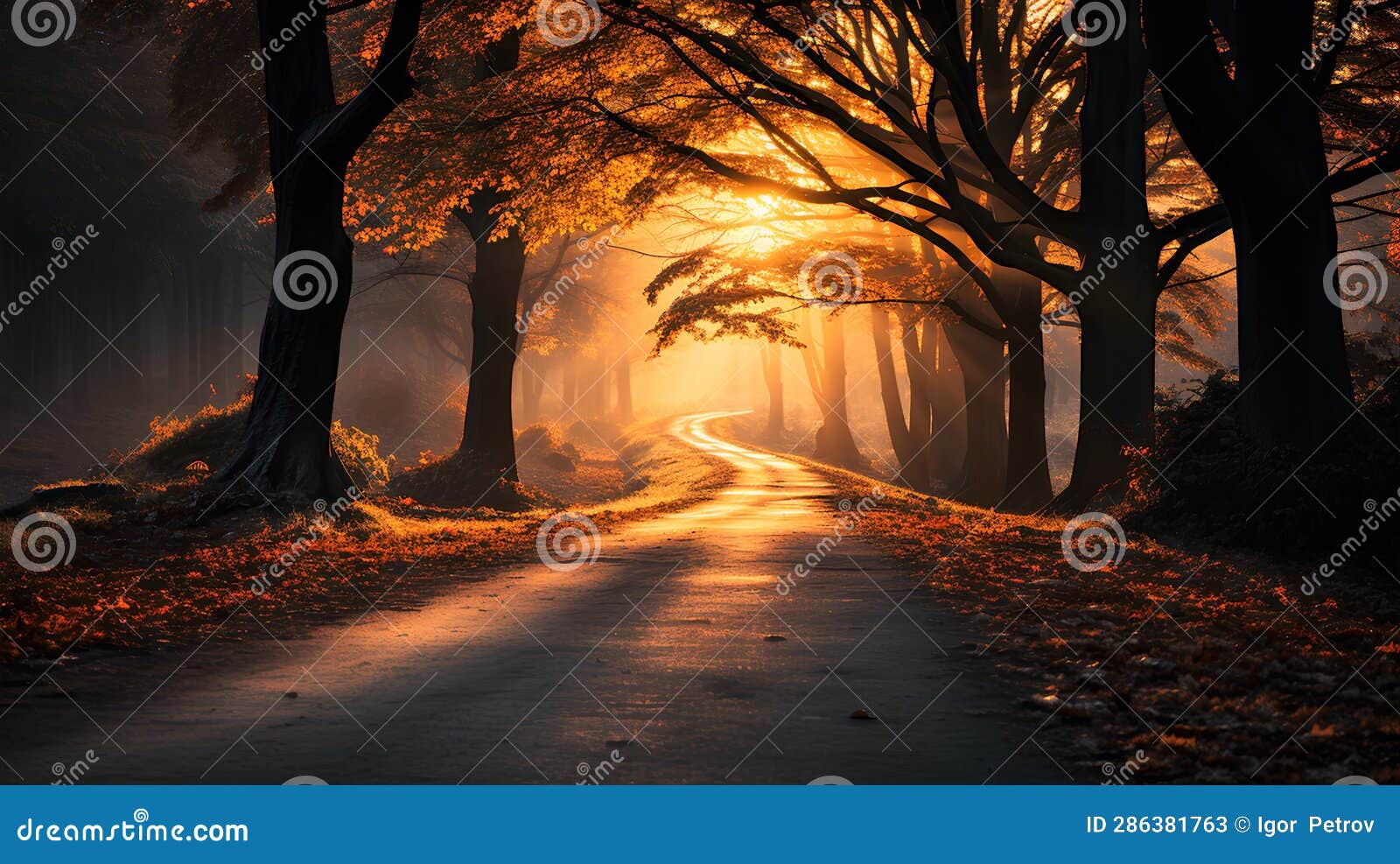 The Road Goes into the Distance. Autumn Forest at Sunset Stock Image ...