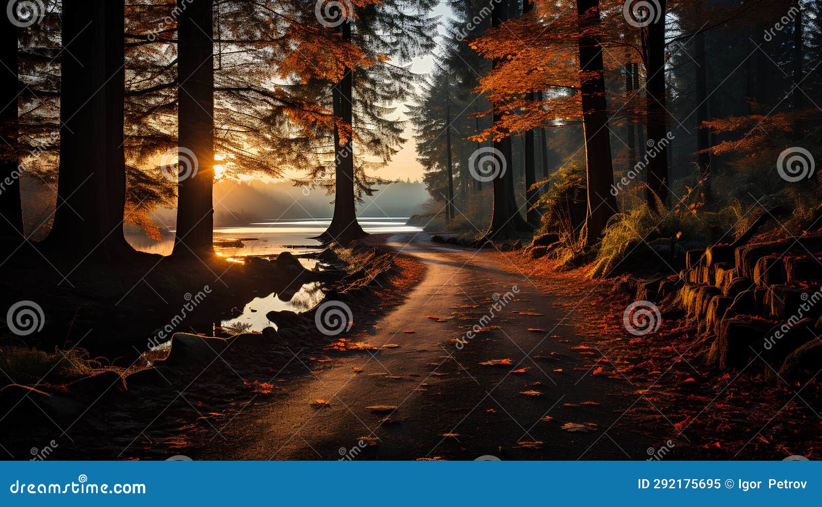The Road Goes into the Distance. Autumn Forest at Sunset Stock ...