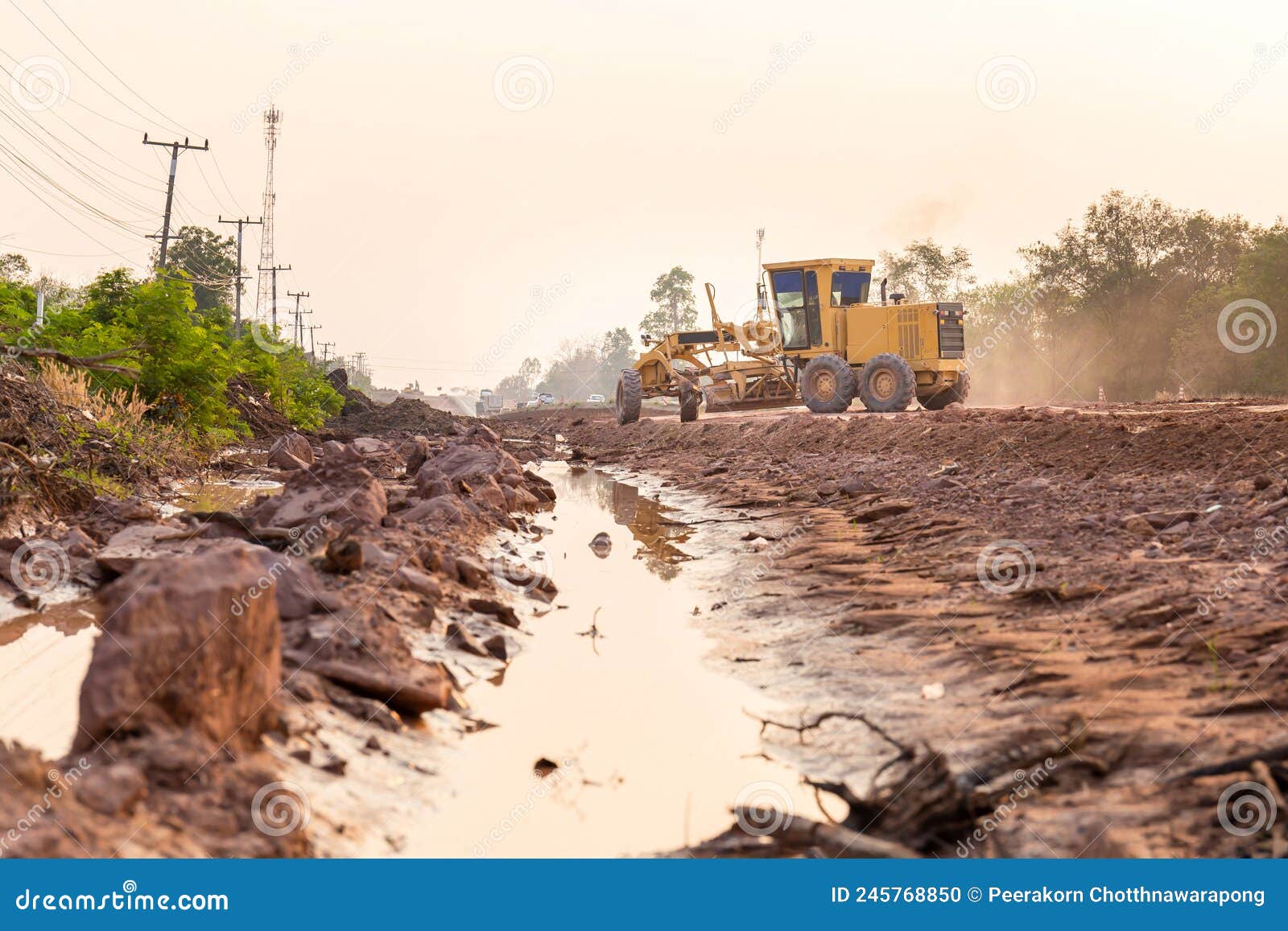 Road Grader Tractor Working at Road Construction Site, Motor Grader ...