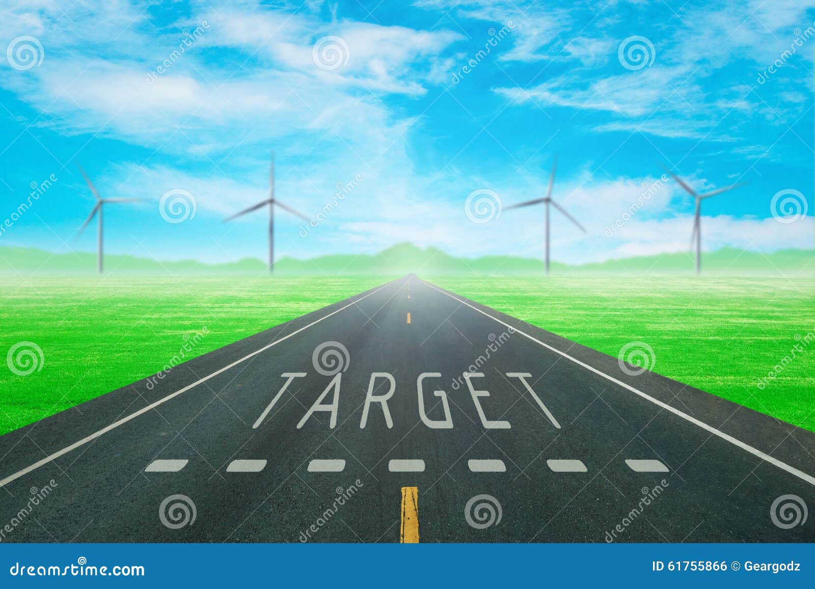Road through the Green Field with Sign Target on Asphalt Stock Photo ...