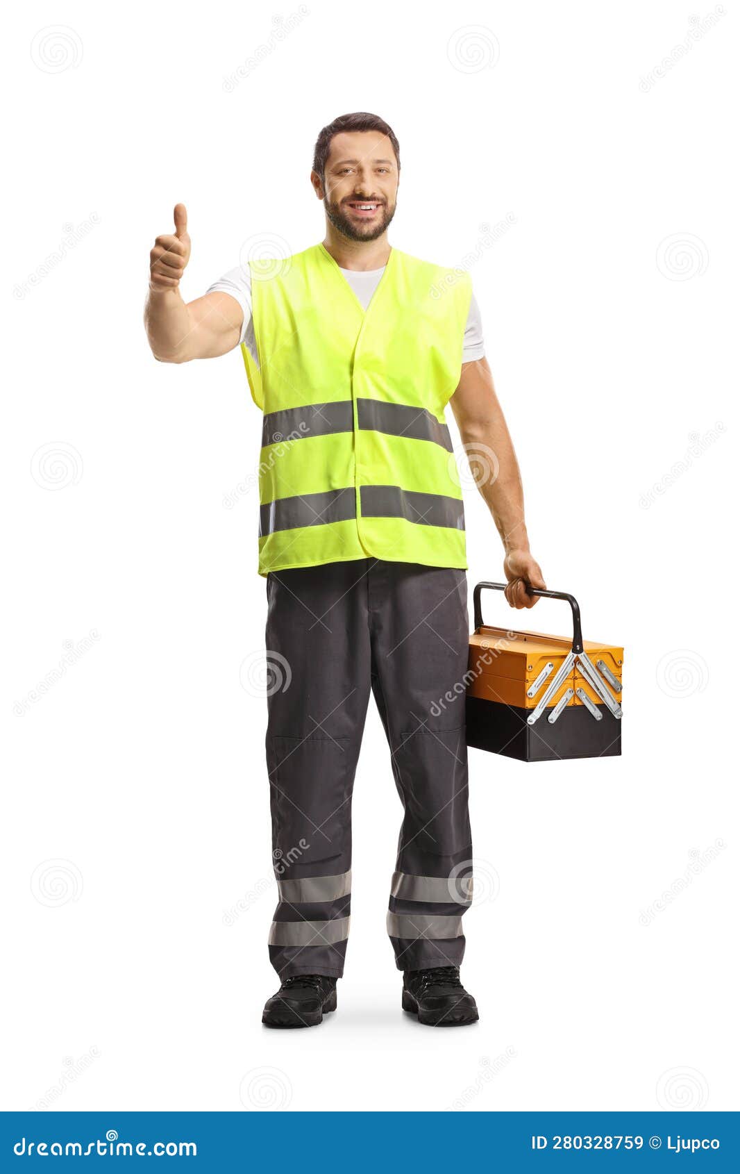 Road Help Worker in a Reflective Vest Holding a Tool Box and Gesturing ...
