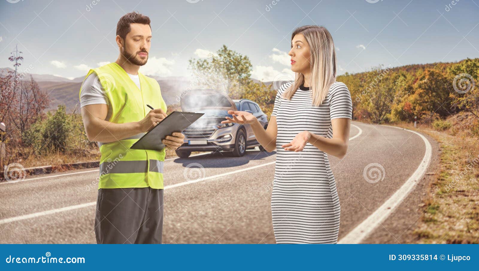 Road Help Worker Writing a Document and Standing with a Broken SUV and ...