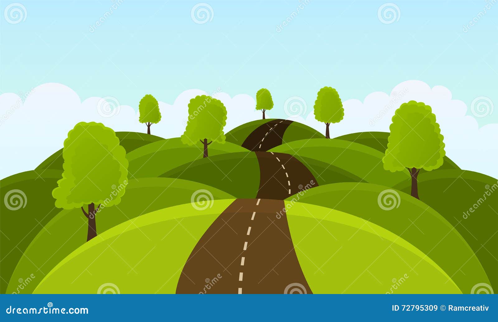 Road on Hills among Trees and Meadows. Stock Vector - Illustration of ... Road on Hills among Trees and Meadows. Stock Vector - Illustration of ...