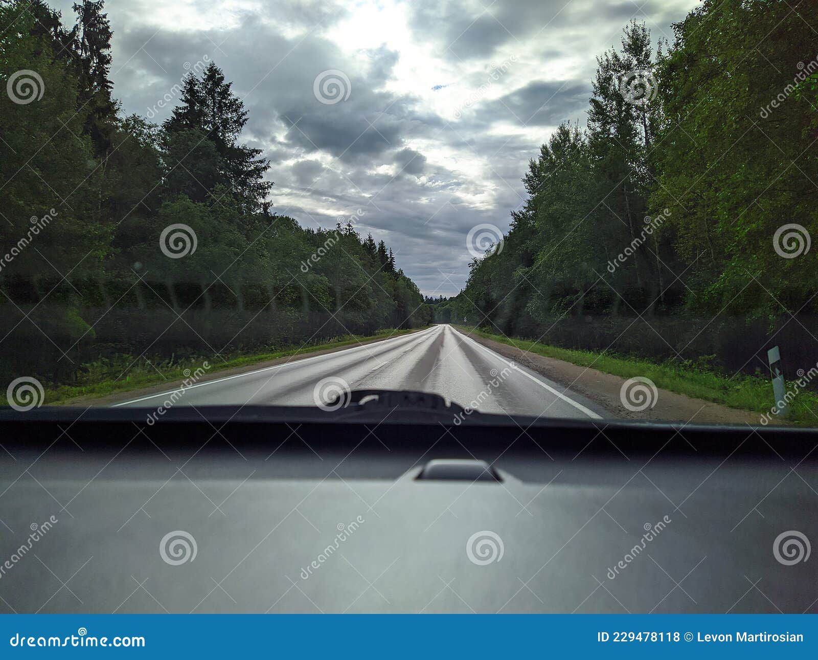Road with Horizon on Blue Sky and White Clouds View from the Car. Stock ...
