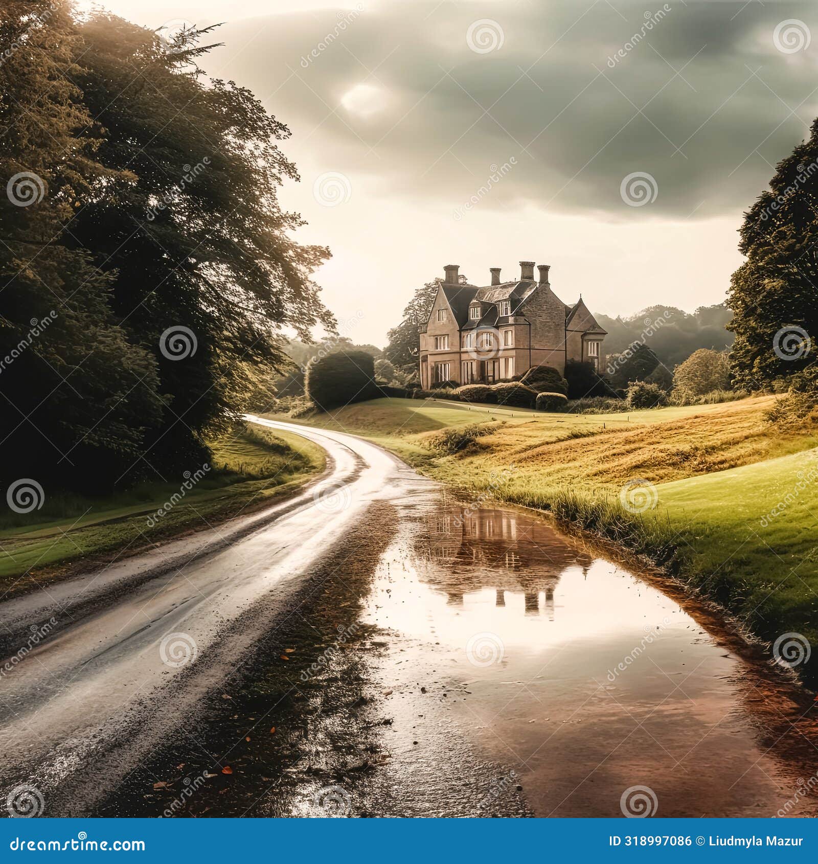 A Road with a House on the Side of it. Stock Photo - Image of light ...