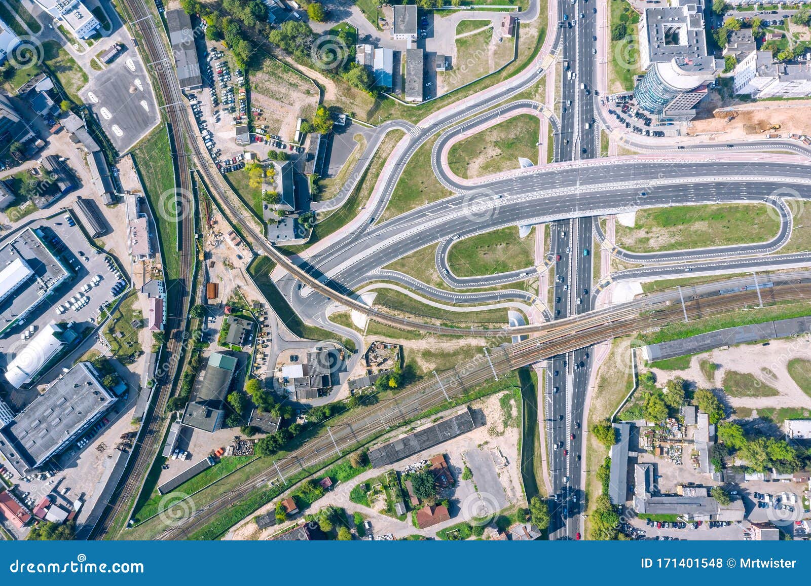 Road Intersection with Rail Tracks. Aerial View Stock Photo - Image of ...