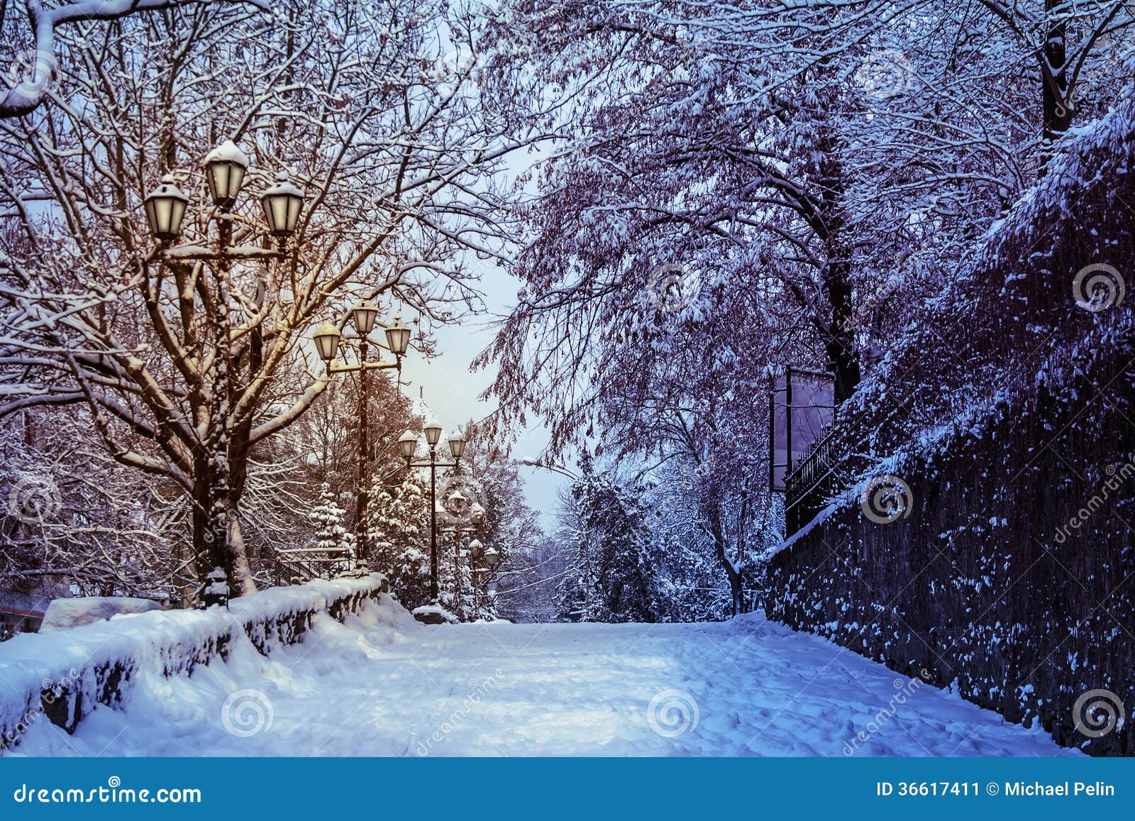 Road with Lanterns in Snow at Night Stock Image - Image of square ...