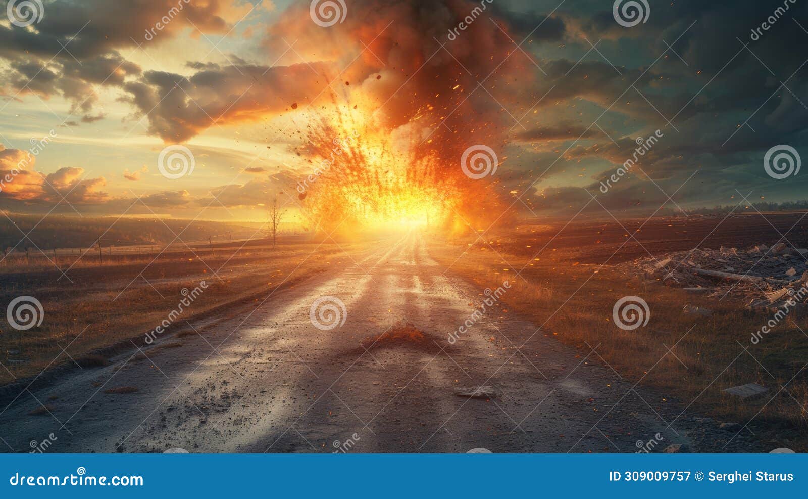 A Road with a Large Explosion in the Distance, AI Stock Image - Image ...