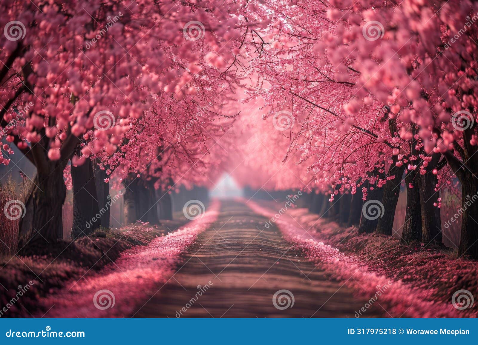 A Road Lined with Pink Cherry Trees Stock Photo - Image of green ...