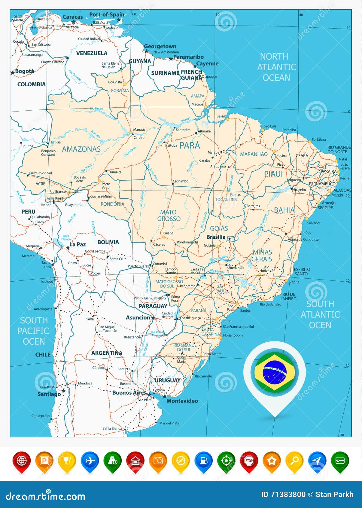 Road Map of Brazil and Colored Map Pointers Stock Vector - Illustration ...