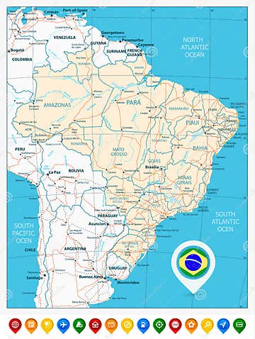 Road Map of Brazil and Colored Map Pointers Stock Vector - Illustration ...