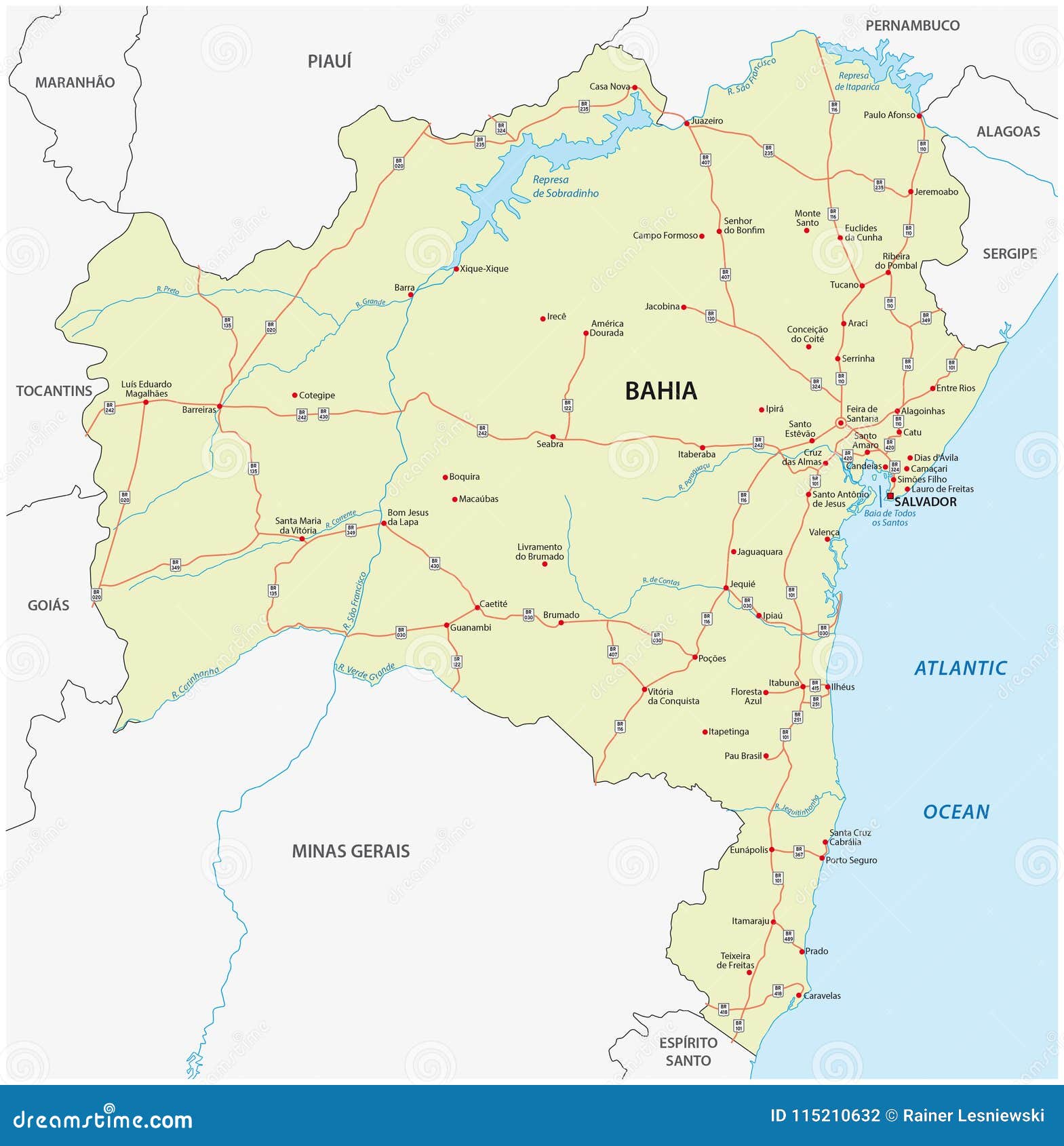 Road Map of the Brazilian State Bahia Stock Vector - Illustration of ...