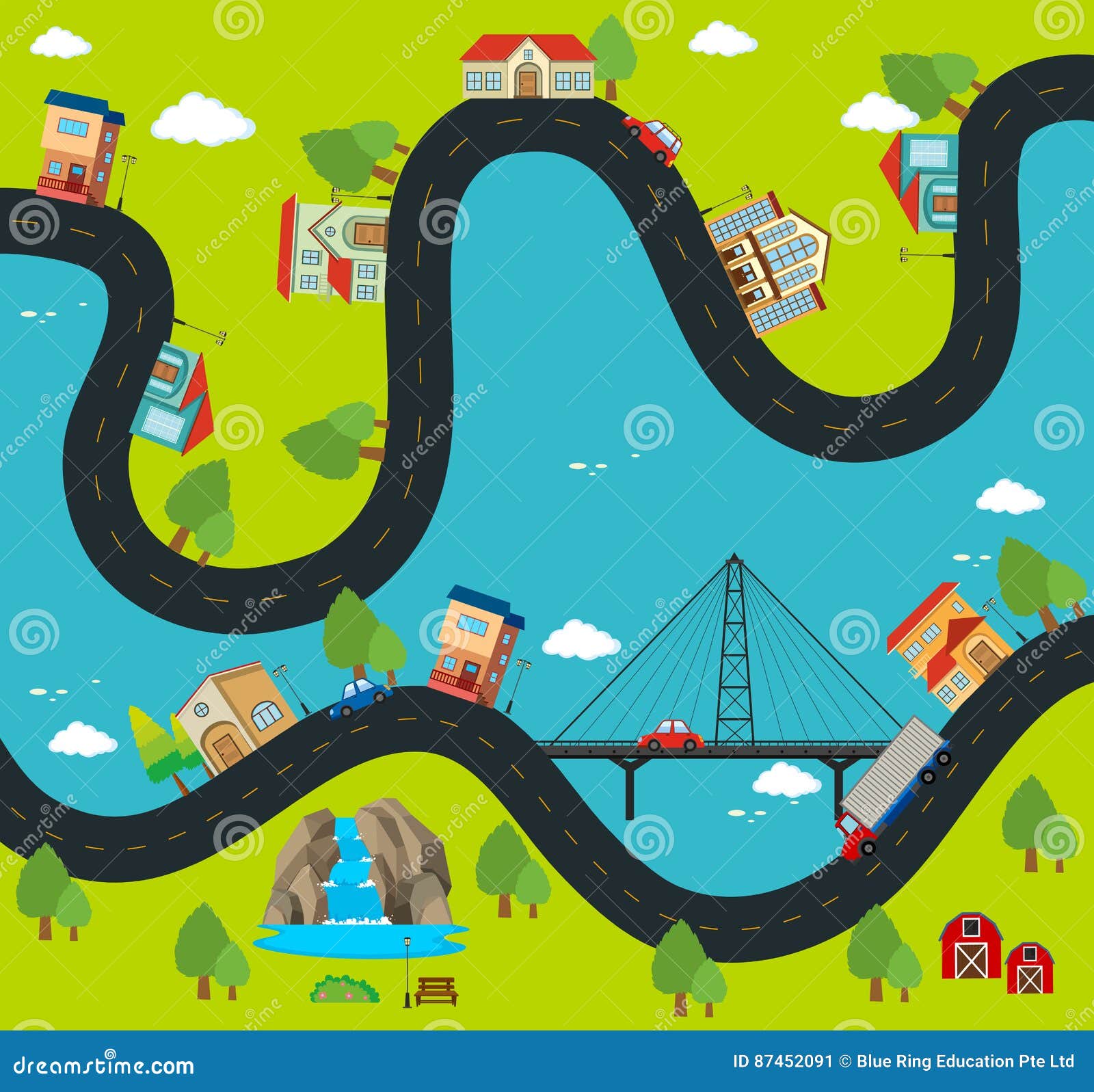 Road Map with Buildings and Landmarks Stock Illustration - Illustration ...