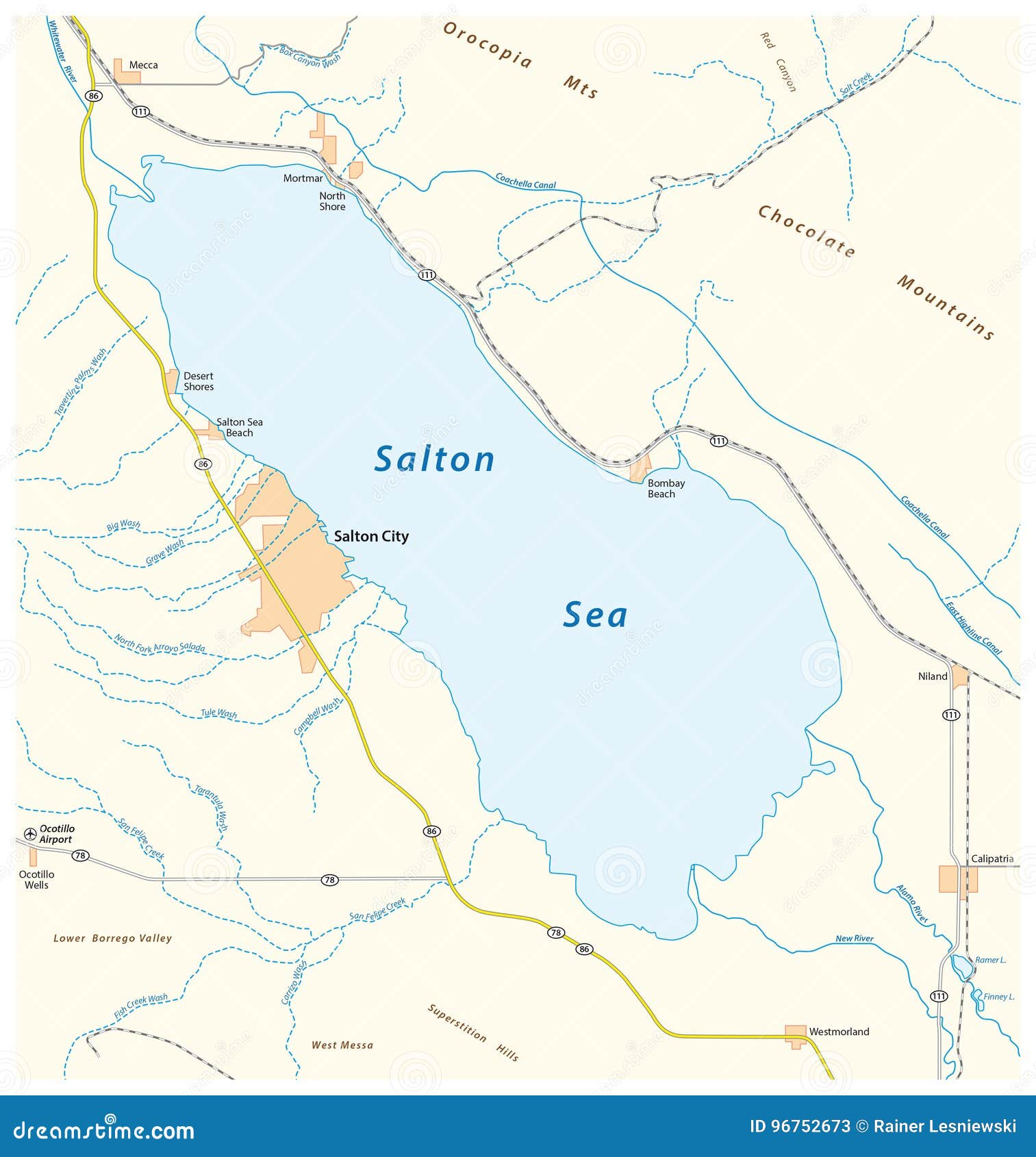 Road Map of the Californian Salton Sea Stock Vector - Illustration of ...