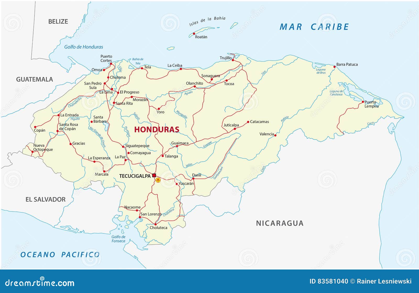 Road Map of the Central American State of Honduras Stock Illustration - Illustration of boundary ...