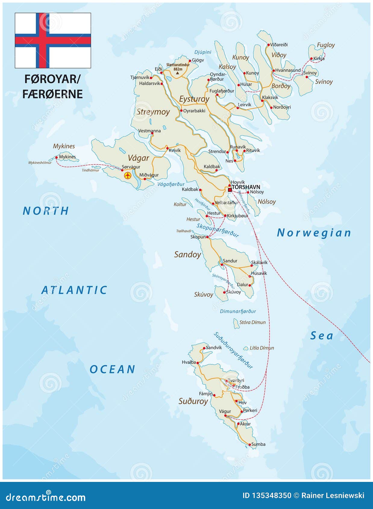 Road Map of the Faroe Islands North Atlantic Archipelago with Flag ...