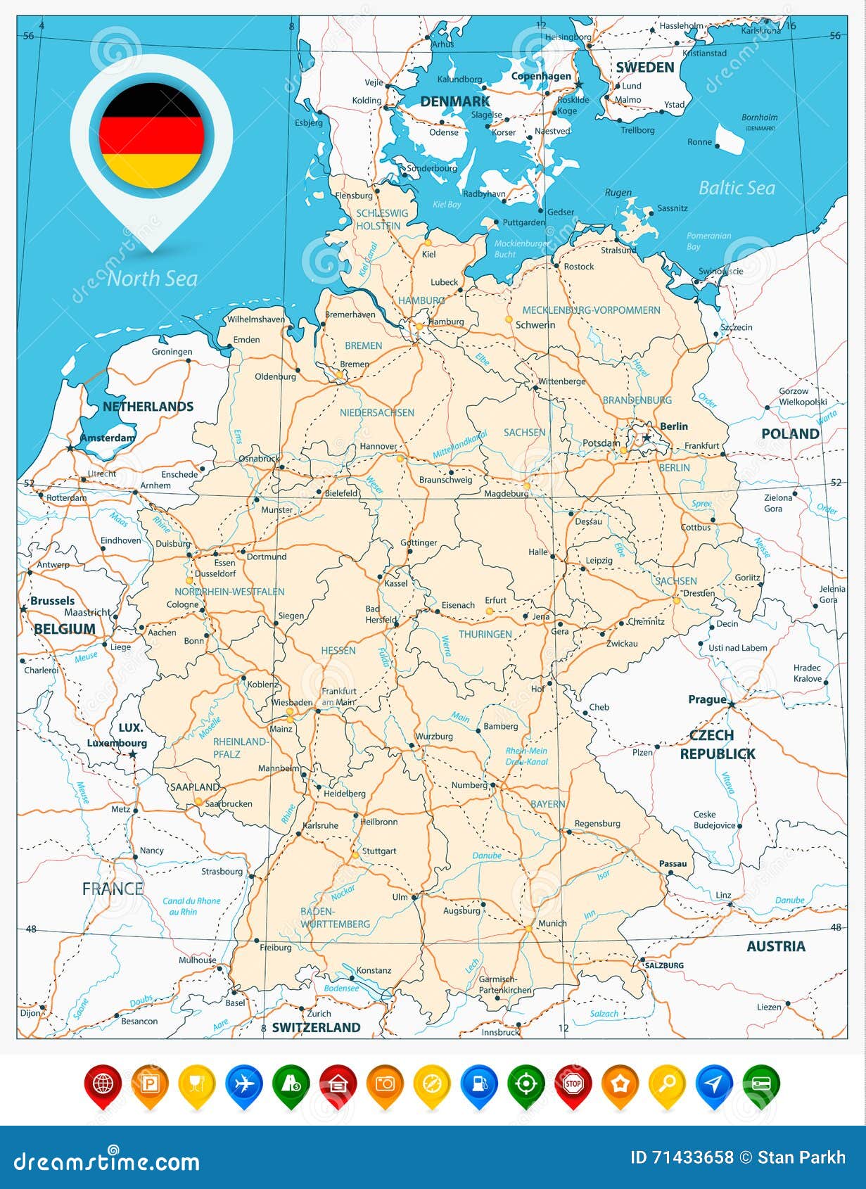 Road Map of Germany and Colored Map Pointers Stock Vector ...