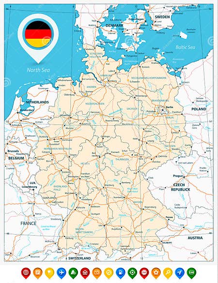Road Map of Germany and Colored Map Pointers Stock Vector ...