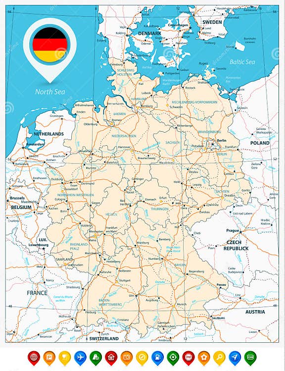Road Map of Germany and Colored Map Pointers Stock Vector ...