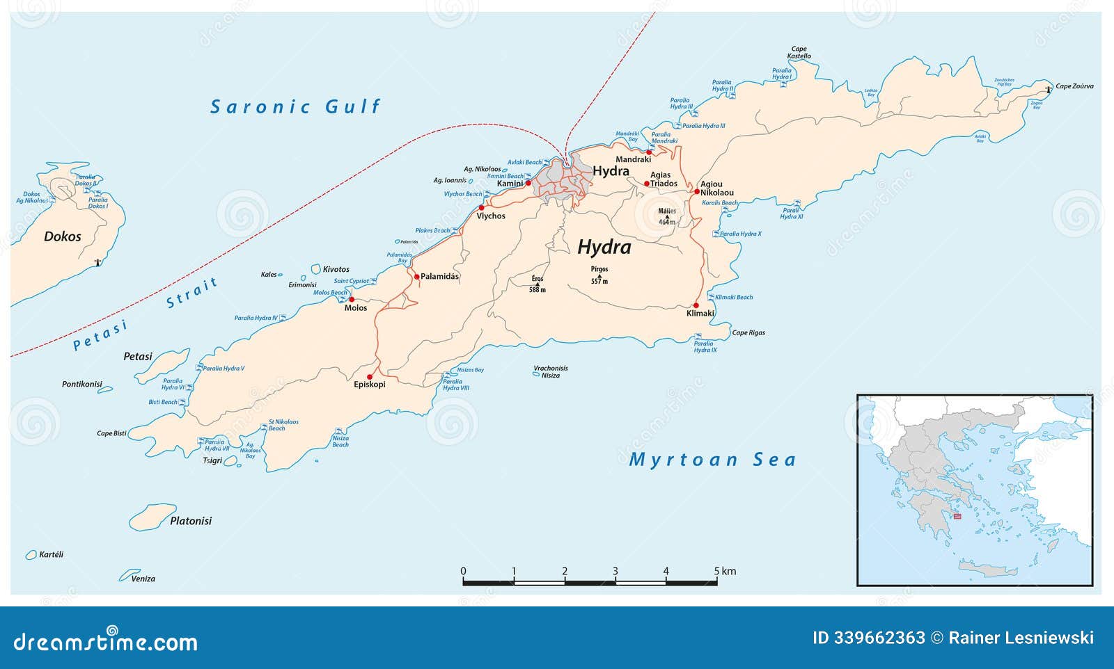 Road Map of the Greek Island of Hydra Stock Illustration - Illustration ...
