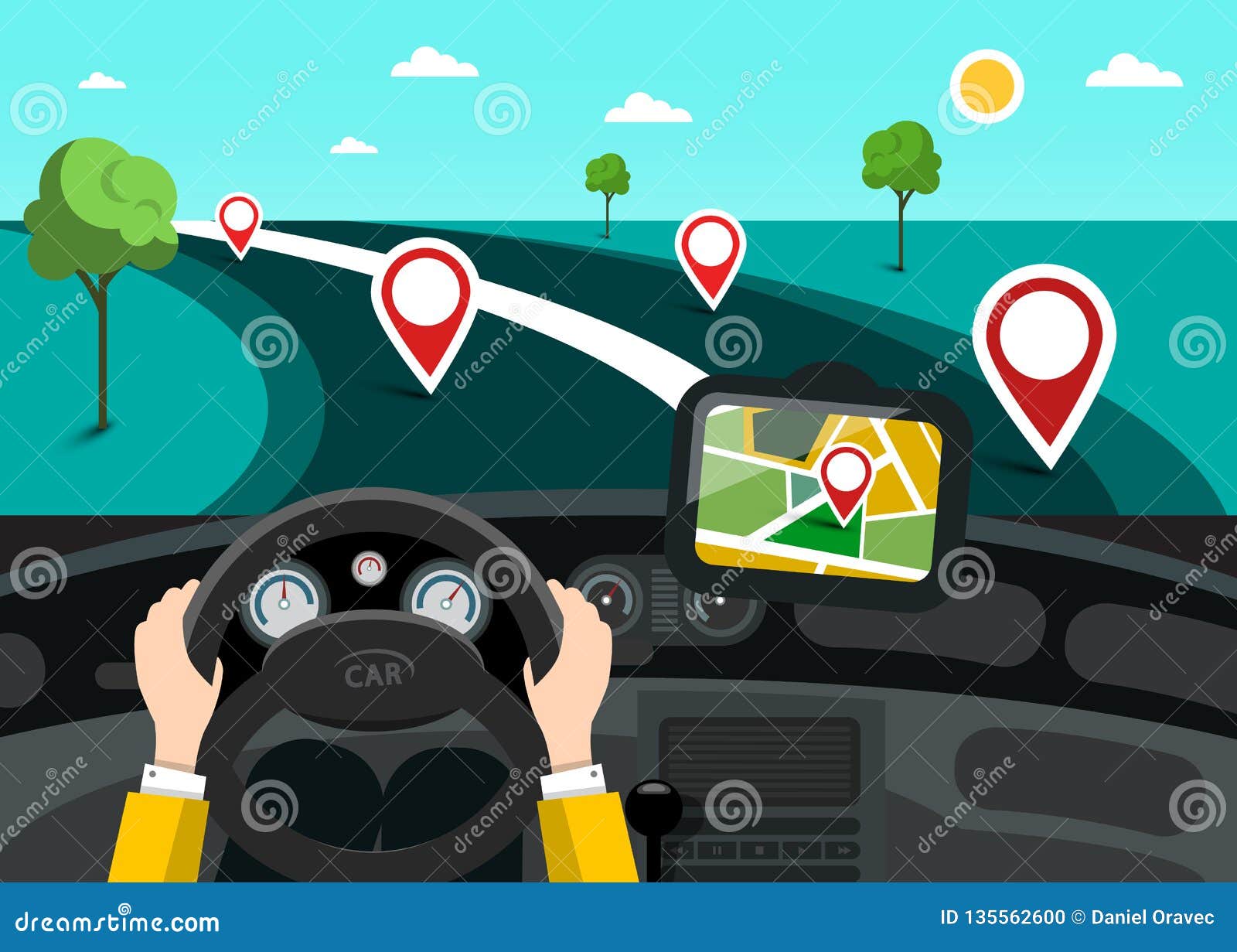 Road Map with Hands on Steering Wheel and Pins Stock Vector ...