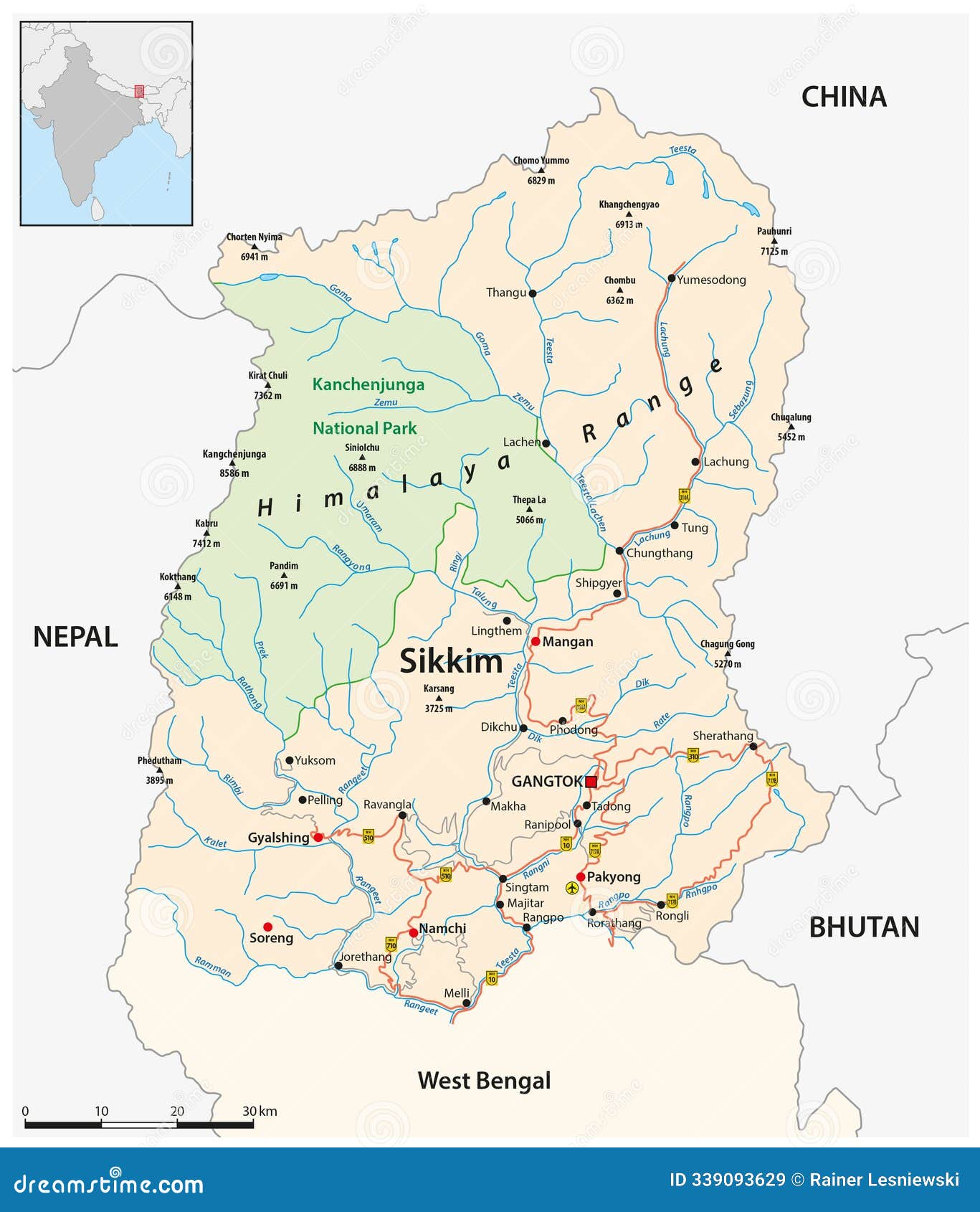 Road Map of the Indian State of Sikkim Stock Vector - Illustration of ...