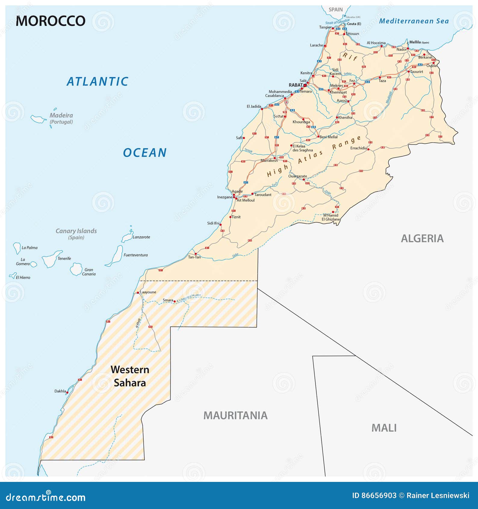 Road Map of the Kingdom of Morocco Stock Vector - Illustration of ...