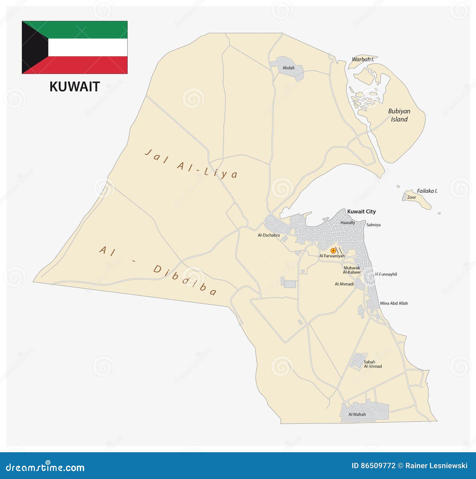 Road Map of the State Kuwait with Flag Stock Vector - Illustration of ...