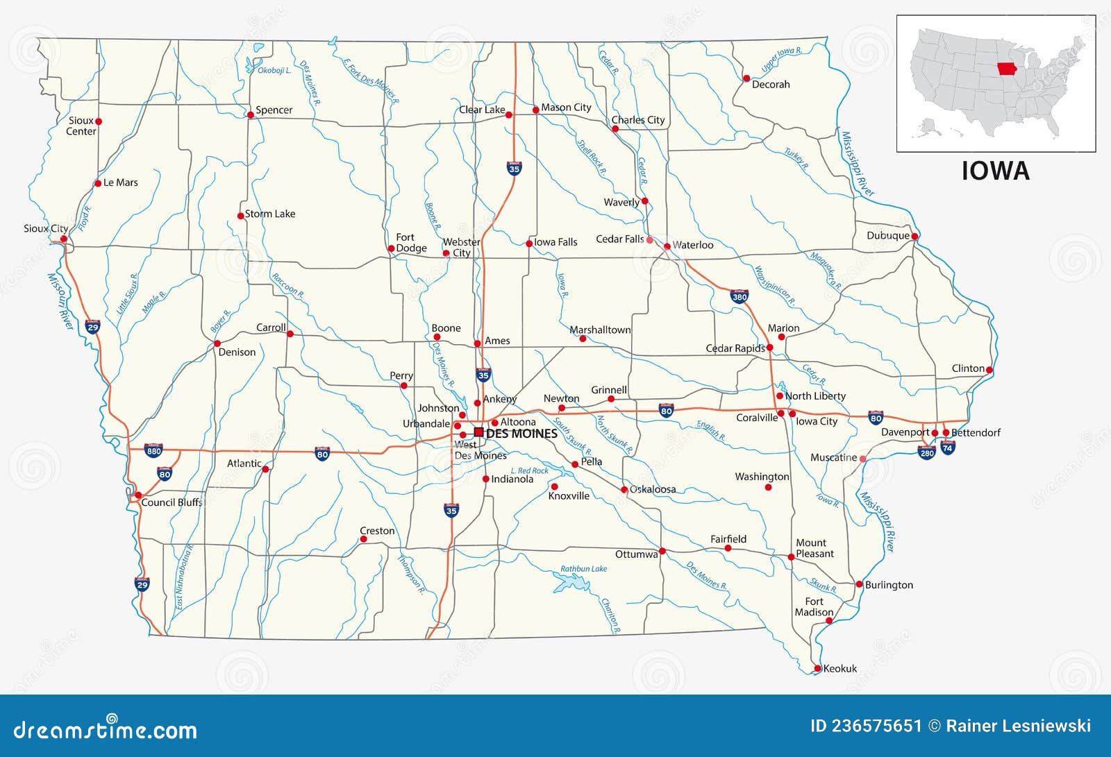 Road Map of the US American State of Iowa Stock Vector - Illustration ...