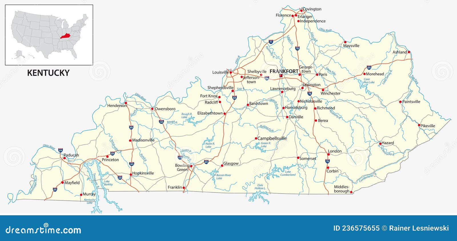 Road Map of the US American State of Kentucky Stock Vector ...