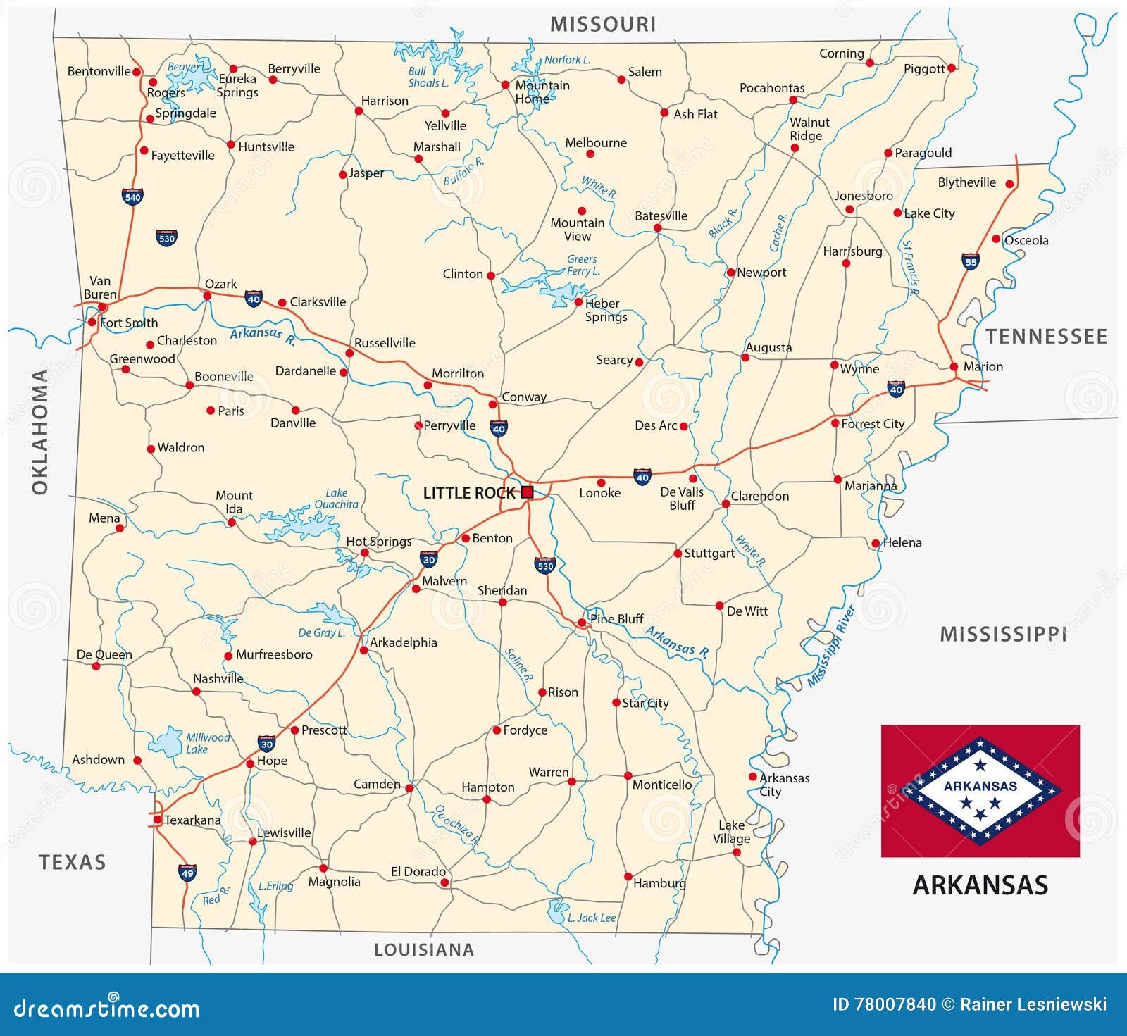 Road Map of the US State Arkansas with Flag Stock Vector - Illustration ...