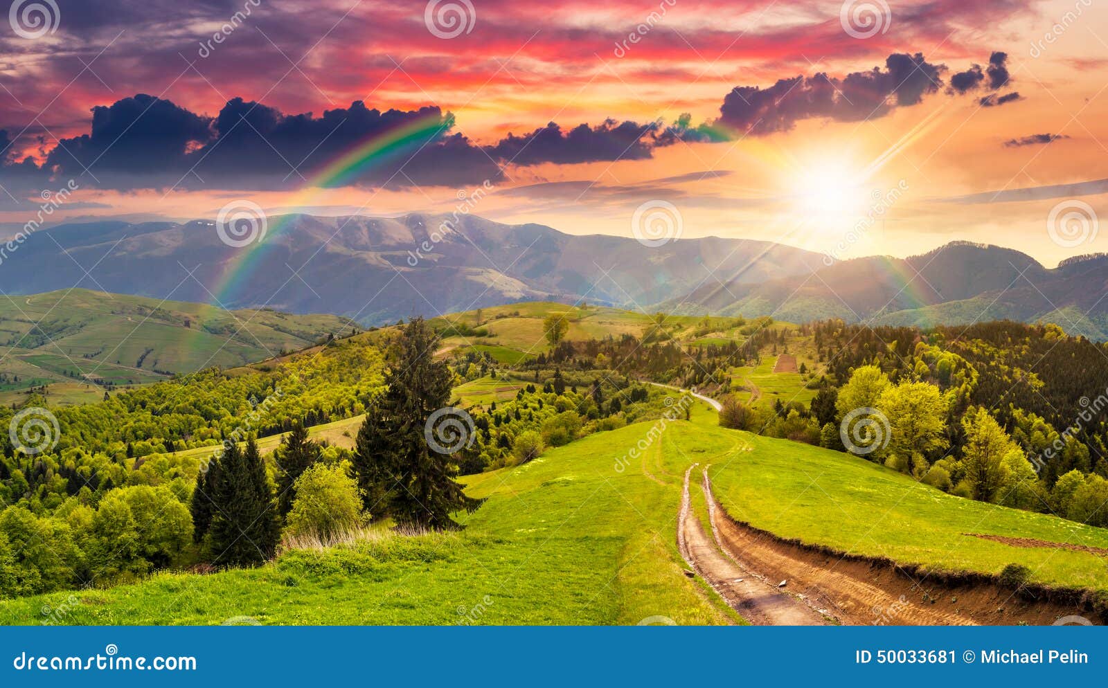 Road through the Meadow on Hillside at Sunset Stock Image - Image of ...