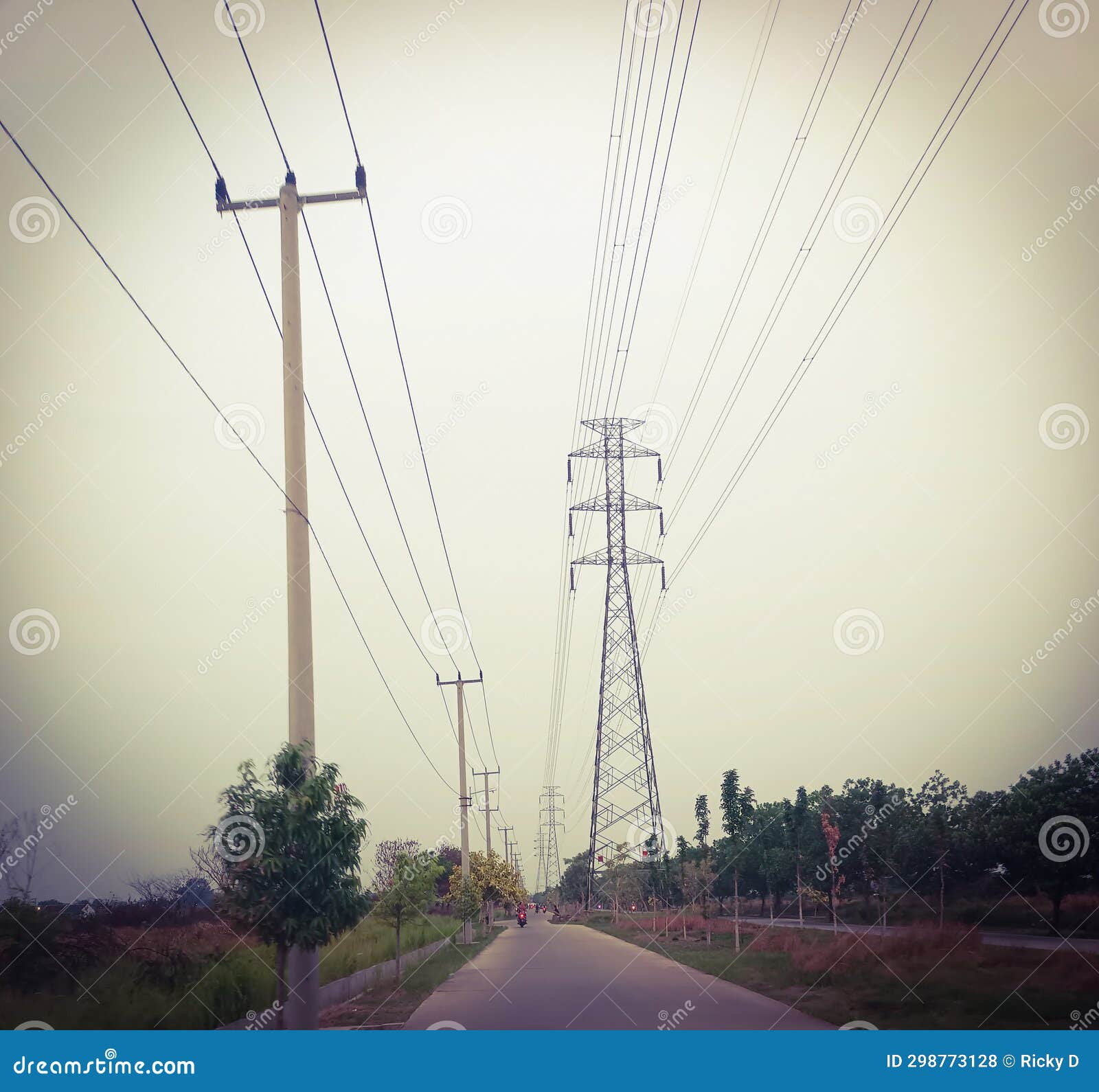 The Road is in the Middle of Electricity Poles and High-voltage Main ...