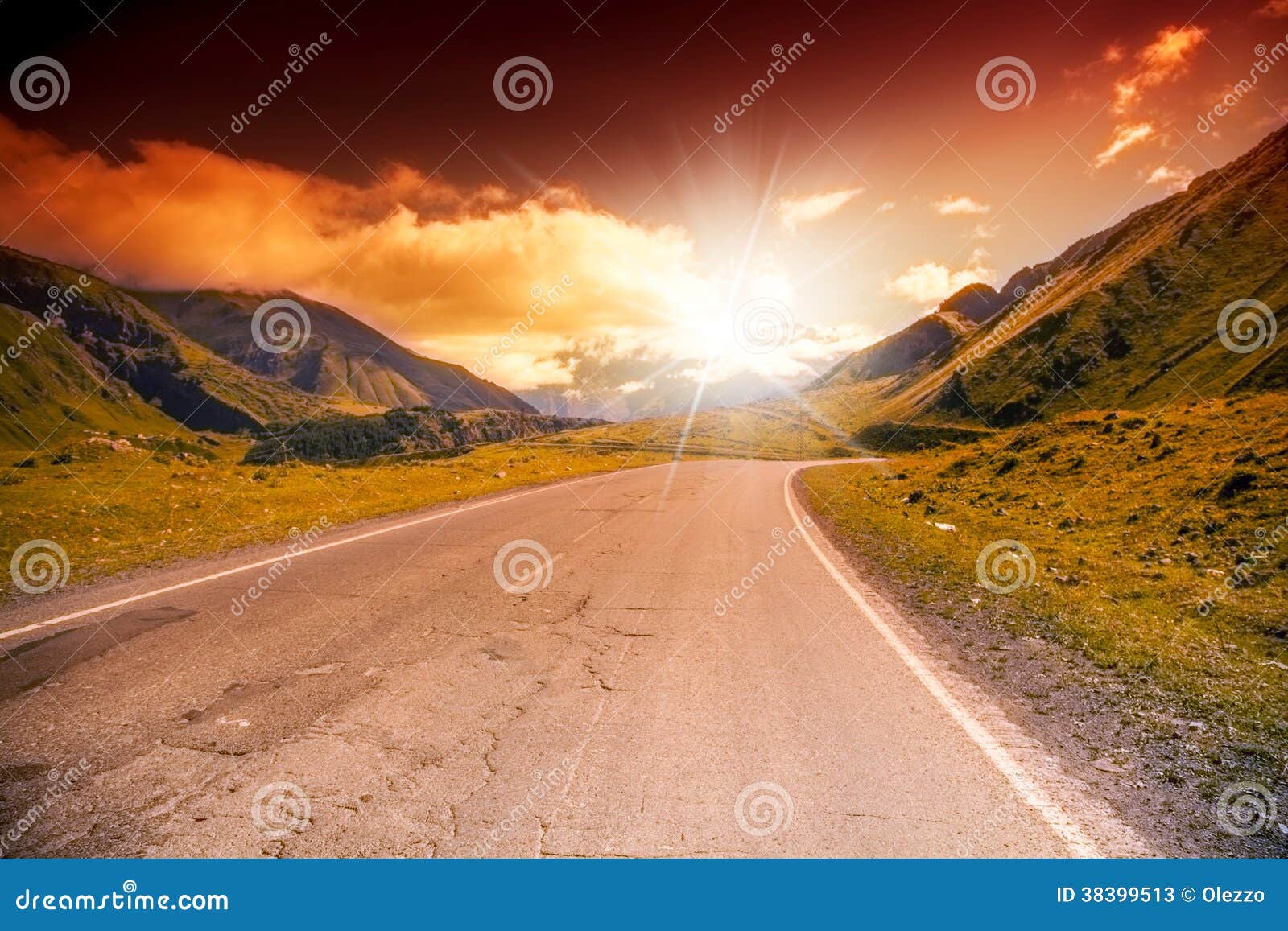 Road in the Mountains Landscape with Bright Sunset Stock Image - Image ...